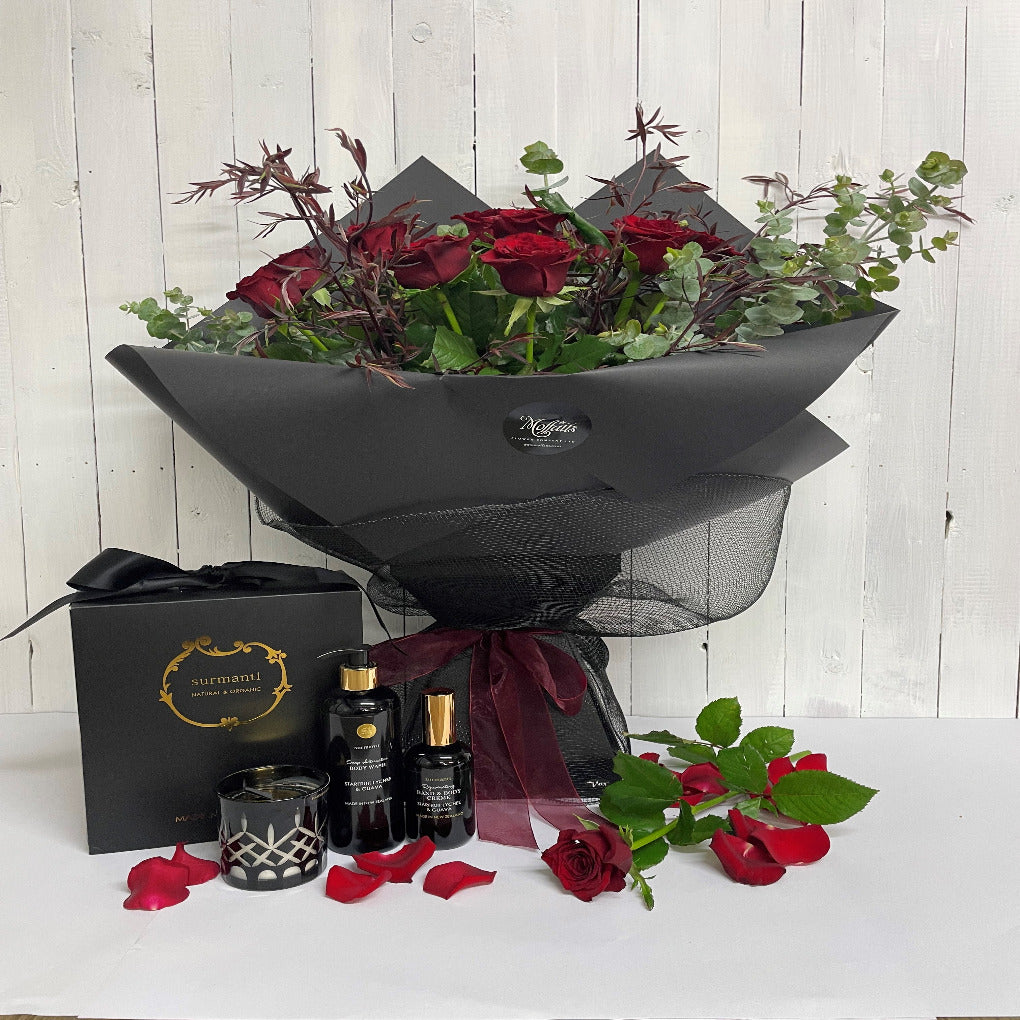 Dramatic Deluxe Dozen Red Roses and Surmanti Bundle – Moffatt's Flower ...