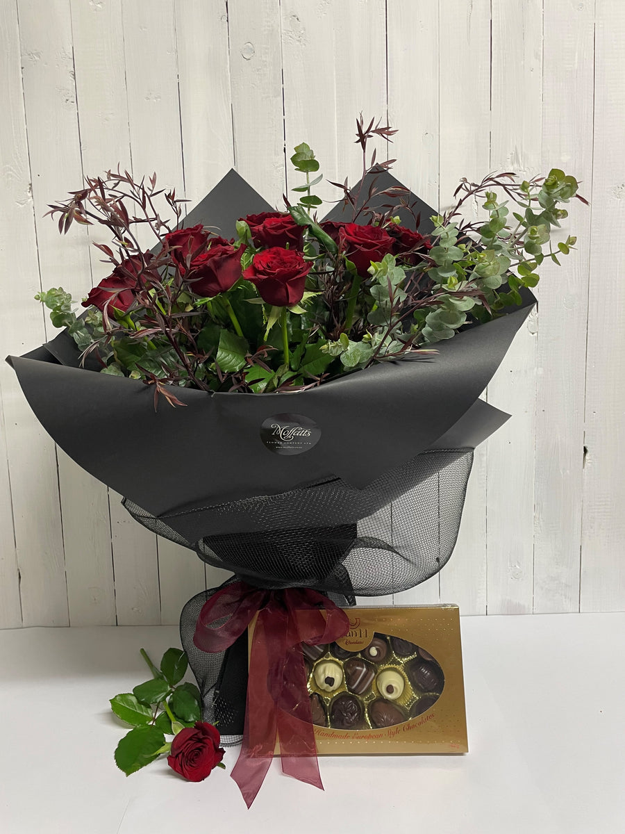Dramatic Dozen Red Roses with Van H chocolates – Moffatt's Flower ...